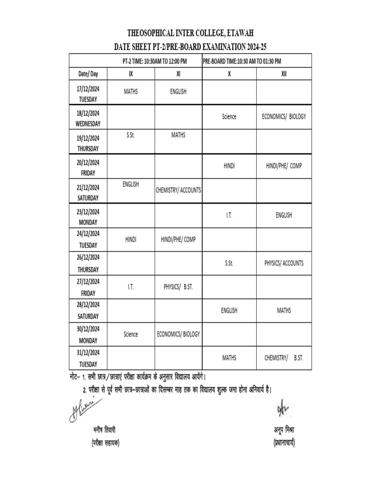 2024-25 Pre-Board Exam Date Sheet | PDF