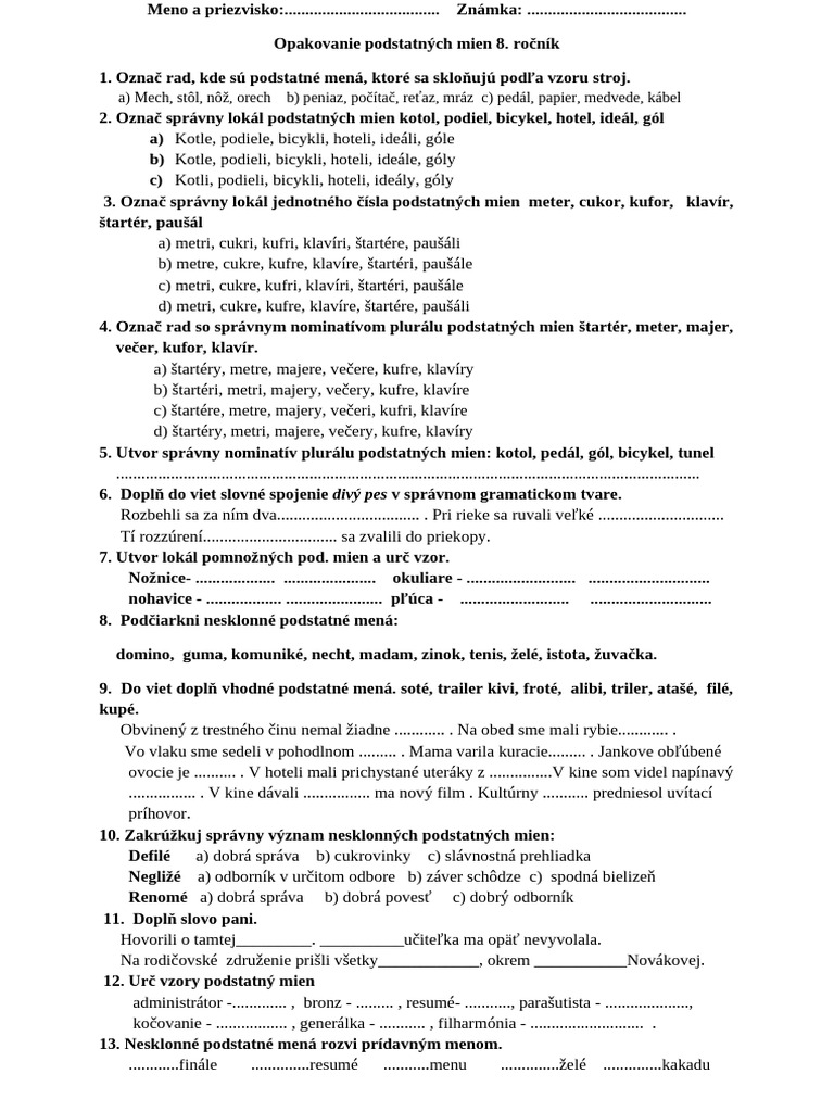 Podstatné Mená - Opakovanie | PDF