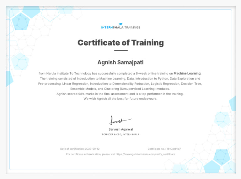Machine Learning Training - Certificate of Completion | PDF
