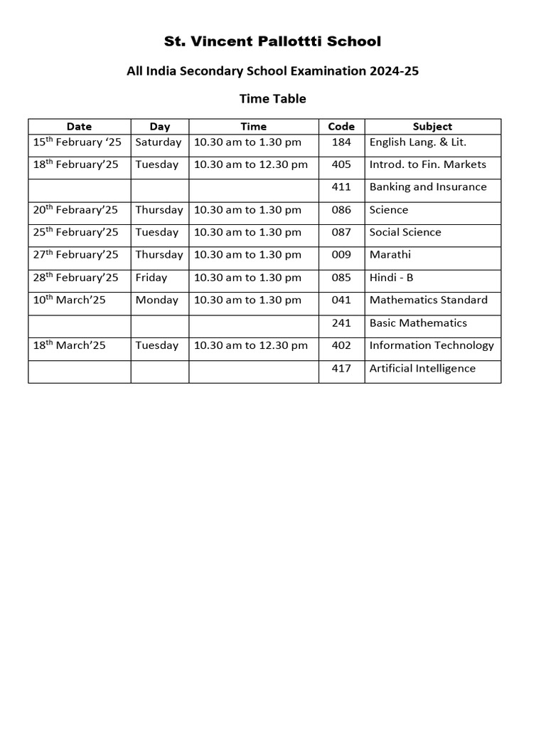 2024-25 Board Exam Time Table | PDF