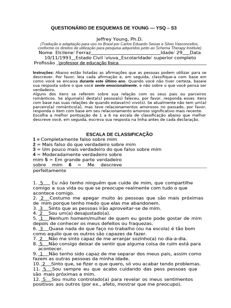 Iventário YSQ-S3 BRASIL (2) | PDF | Amor | Psicologia