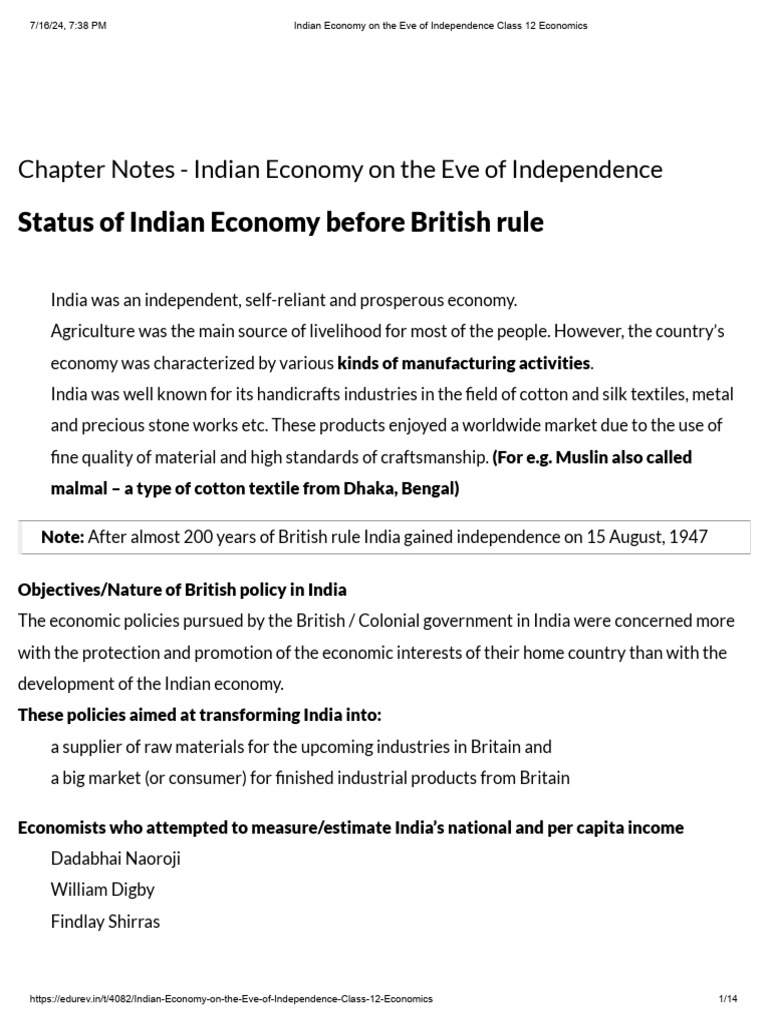 Indian Economy on the Eve of Independence Class 12 Economics | PDF ...