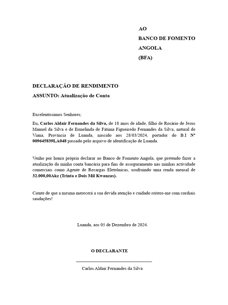 Declaração de Rendimento-BFA | PDF