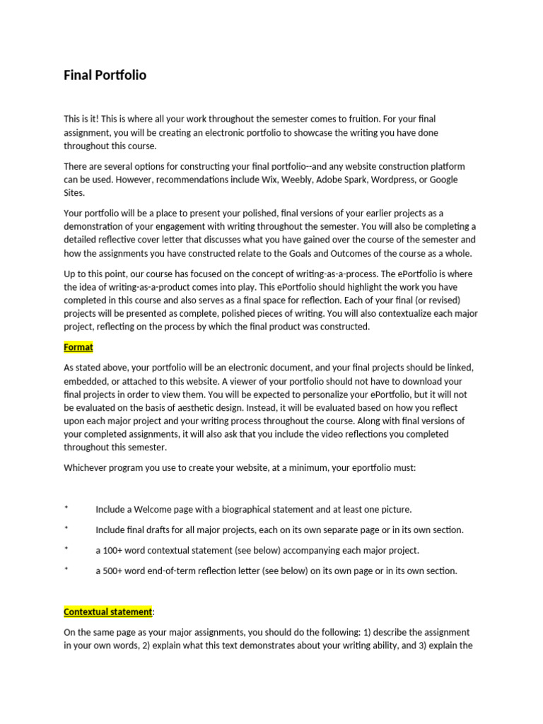 Final Portfolio Instruction Sheet | PDF | Critical Thinking | Writing