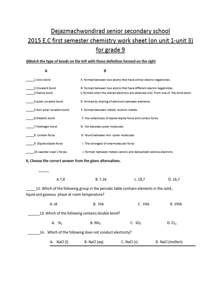 work sheet grade 9 | PDF | Chemical Bond | Covalent Bond