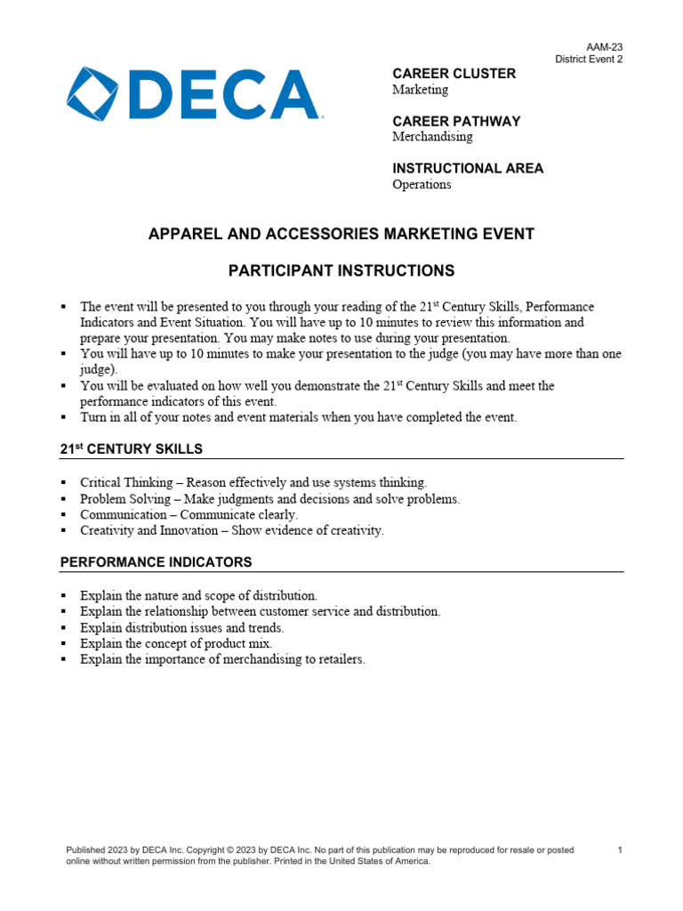 63fce18a7c3ddc48d54c493e DECA AAM 2023 District Event 2 CR | PDF | Copyright | Performance Indicator