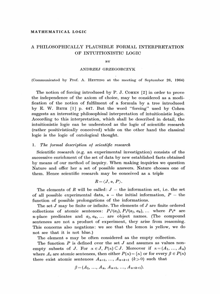 Grzegorczyk A Philosophically Plausible Formal Interpretation Of Intuitionistic Logic Pdf