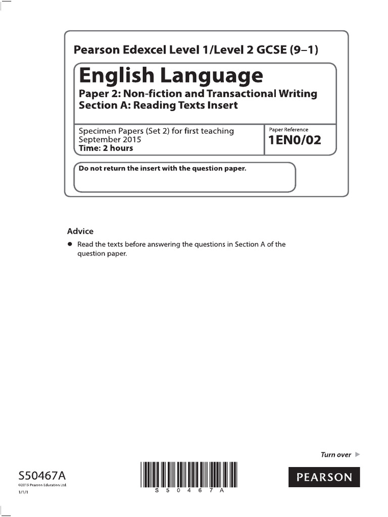 Specimen 2 in - Paper 2 Edexcel English Language GCSE | PDF