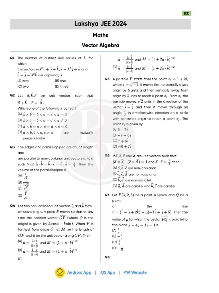 Vector Algebra - Practice Sheet - Lakshya JEE 2024 | PDF | Mathematics ...