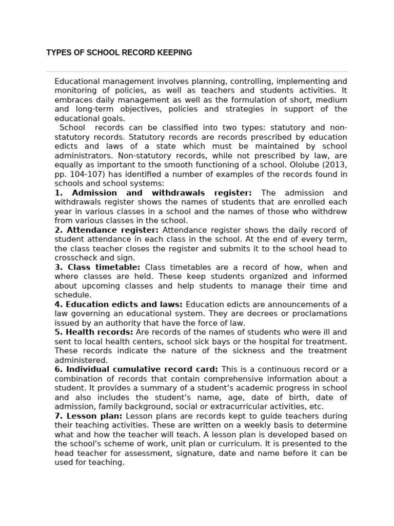Types of School Record Keeping | PDF | Curriculum | Teachers