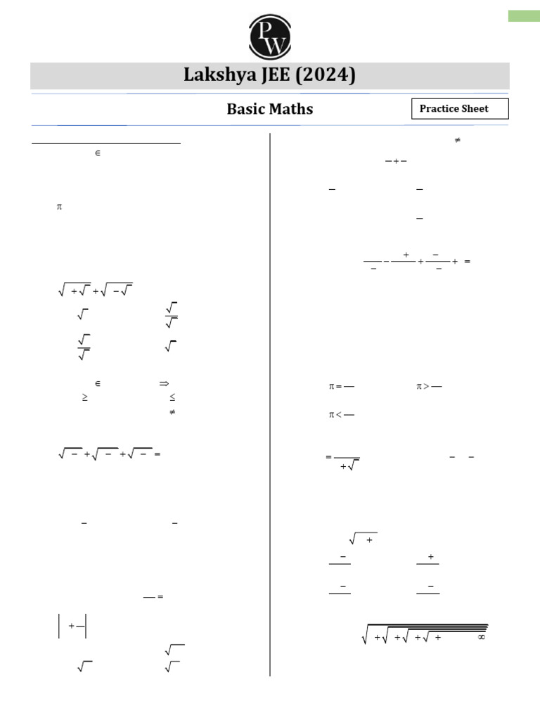 Basic Maths Practice Sheet Lakshya Jee 2024 Pdf Arithmetic Complex Analysis