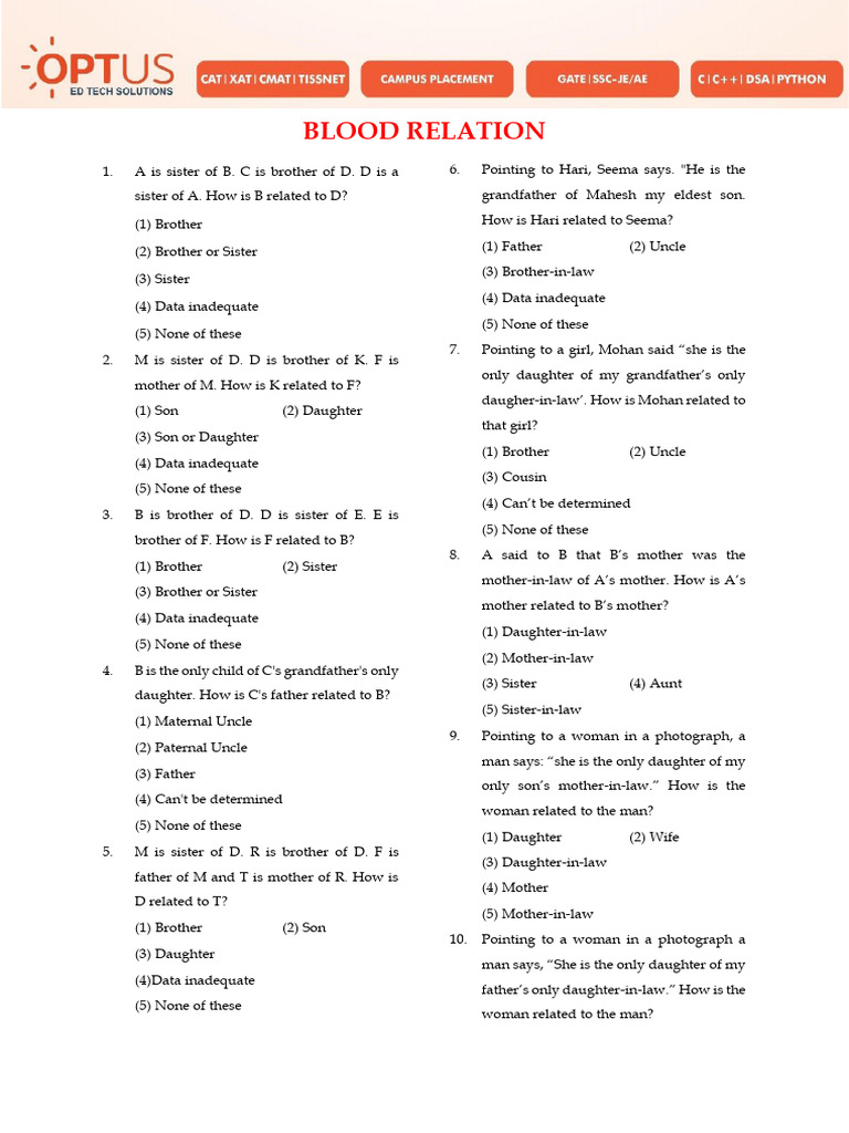 Blood Relation Practice 50 Q | PDF | Family | Interpersonal Relationships
