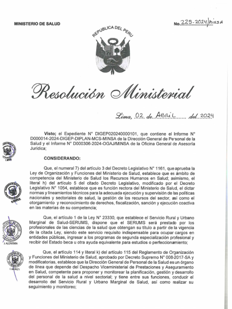 CURSOS ENSAP YA NO SON REQUISITOS PARA RTS 5424306-Resolucion-Ministerial-N-225-2024-Minsa | PDF