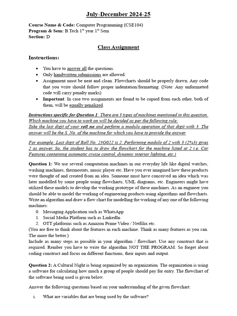 CSE104 Assignment: Flowcharts & Algorithms | PDF | Algorithms ...