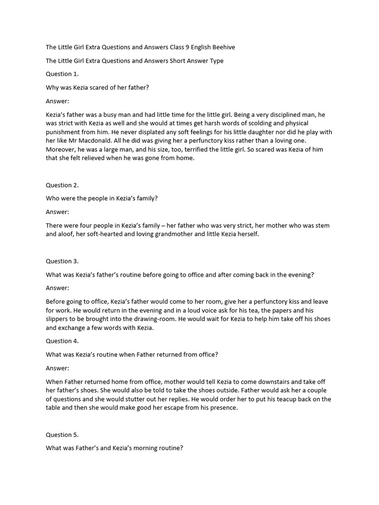 Class 9 Extra Questions: The Little Girl | PDF