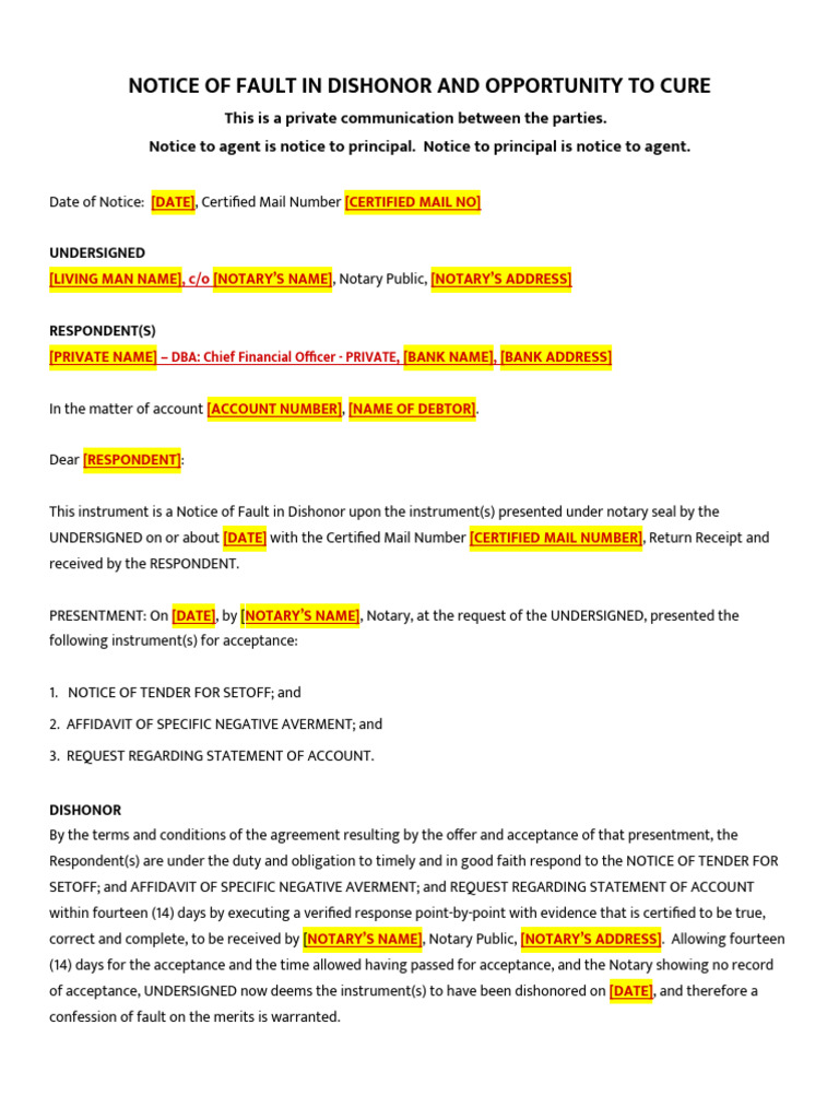 Notice of Fault in Dishonor and Cure | PDF | Affidavit | Common Law