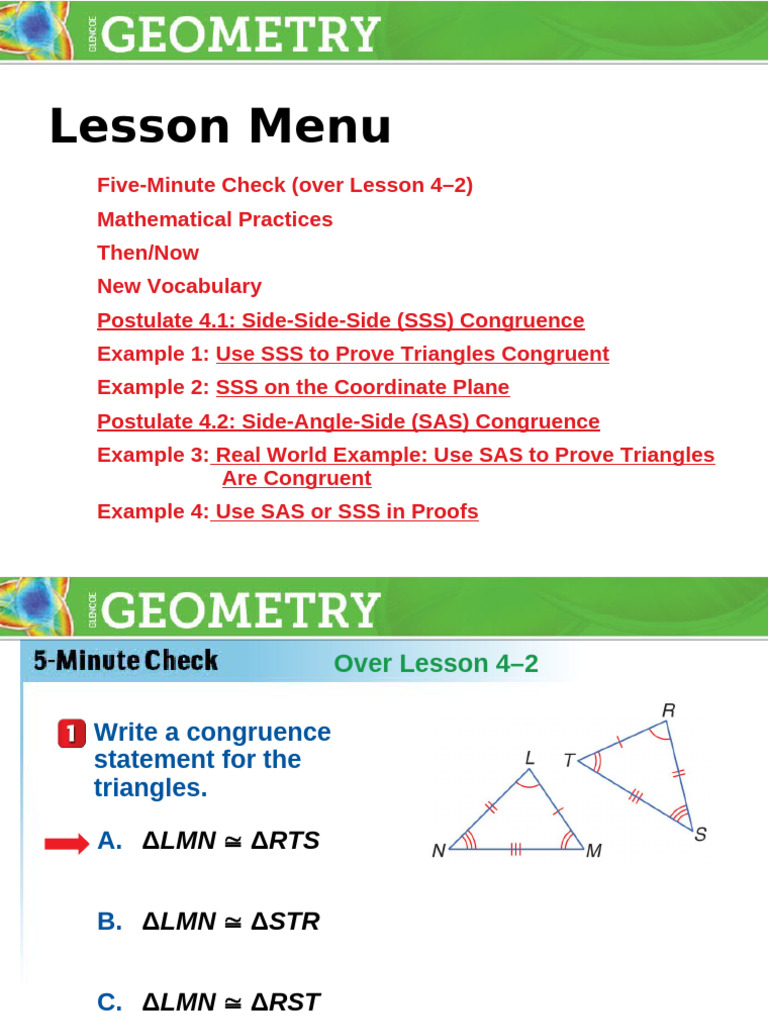 4-3 Lesson Presentation Proving Triangles Congruent SSS SAS | PDF ...