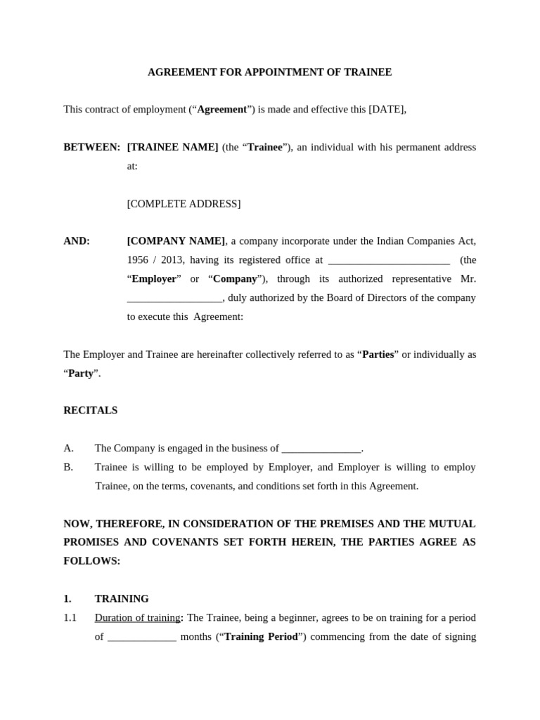 Trainee Employment Agreement Template | PDF | Defamation | Employment