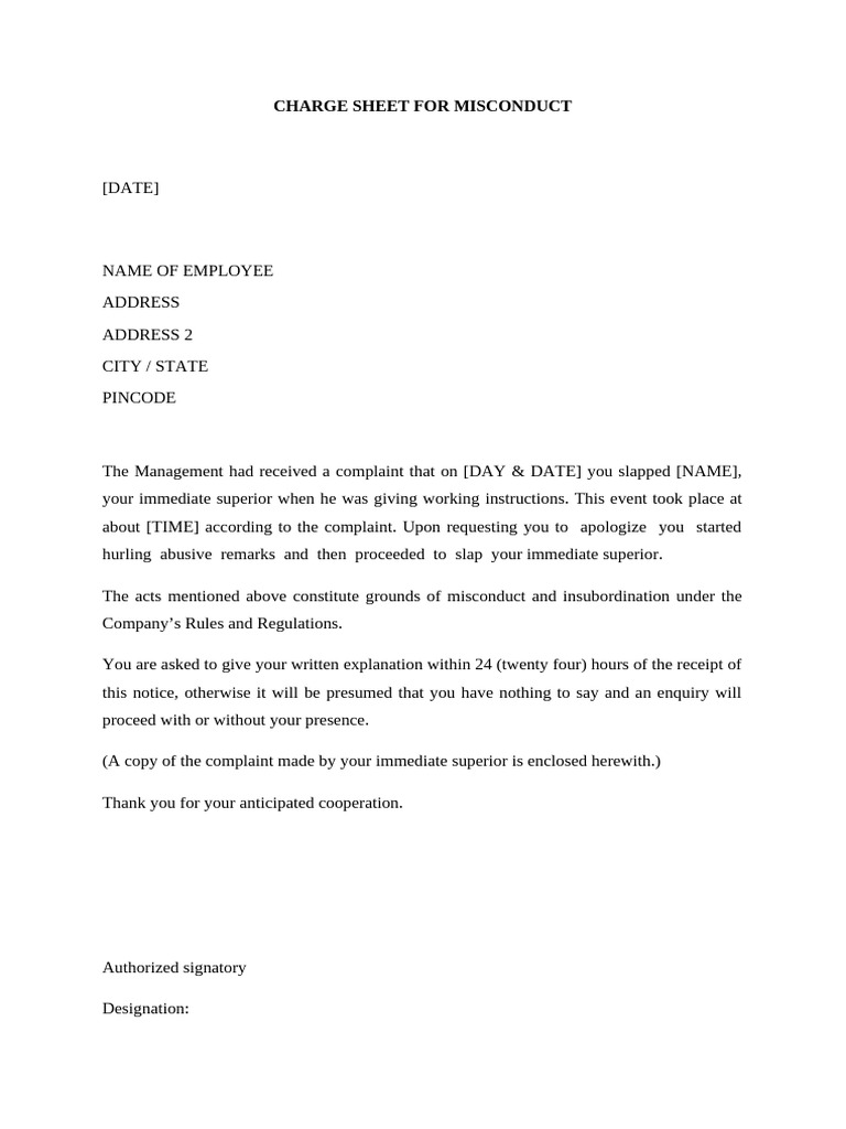 Charge Sheet for Employee Misconduct | PDF