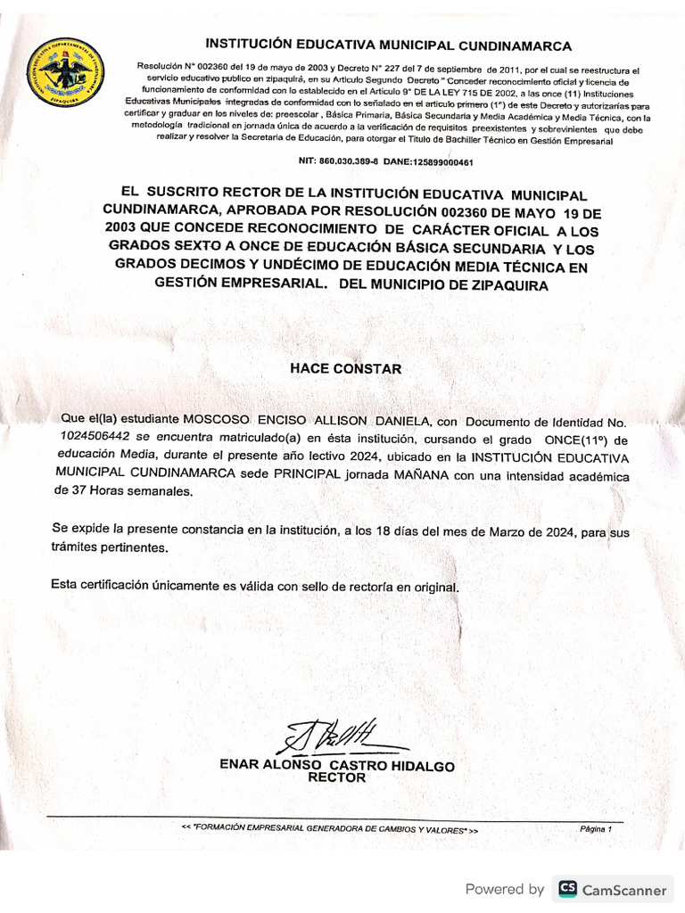 Certificado Estudiantil. Alison Daniela | PDF