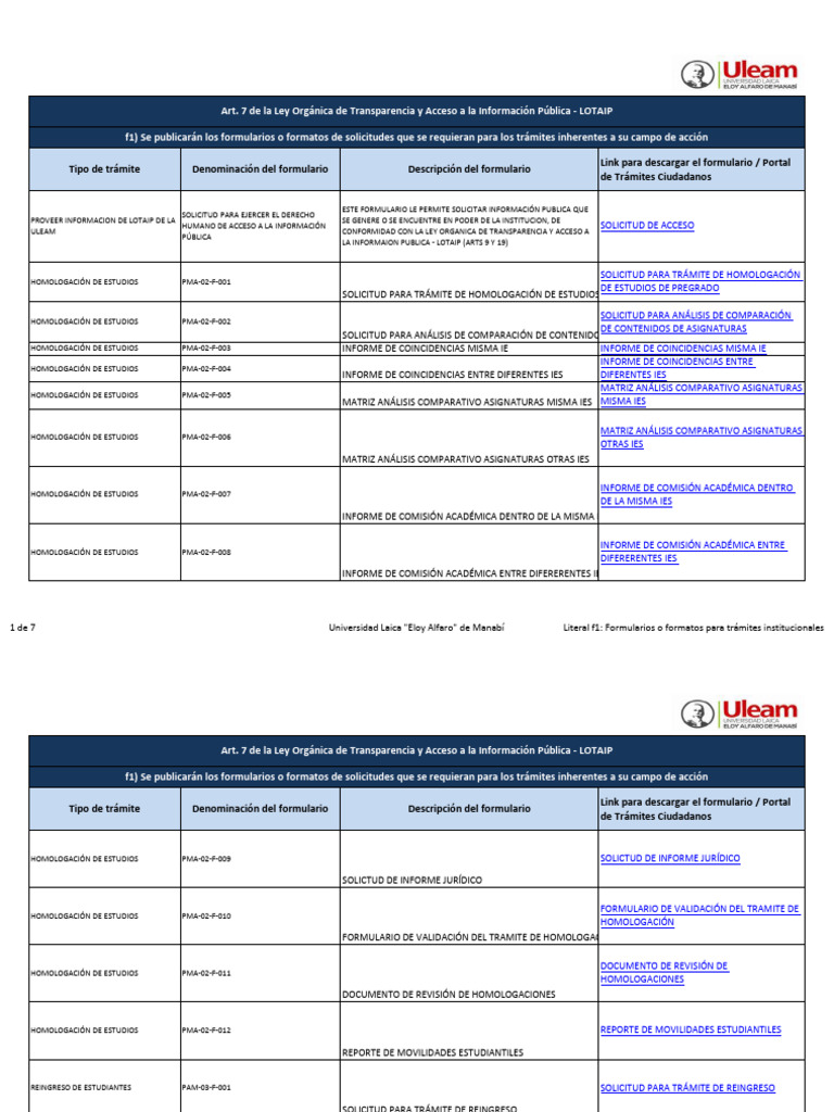 Formularios ULEAM: Acceso y Homologación | PDF