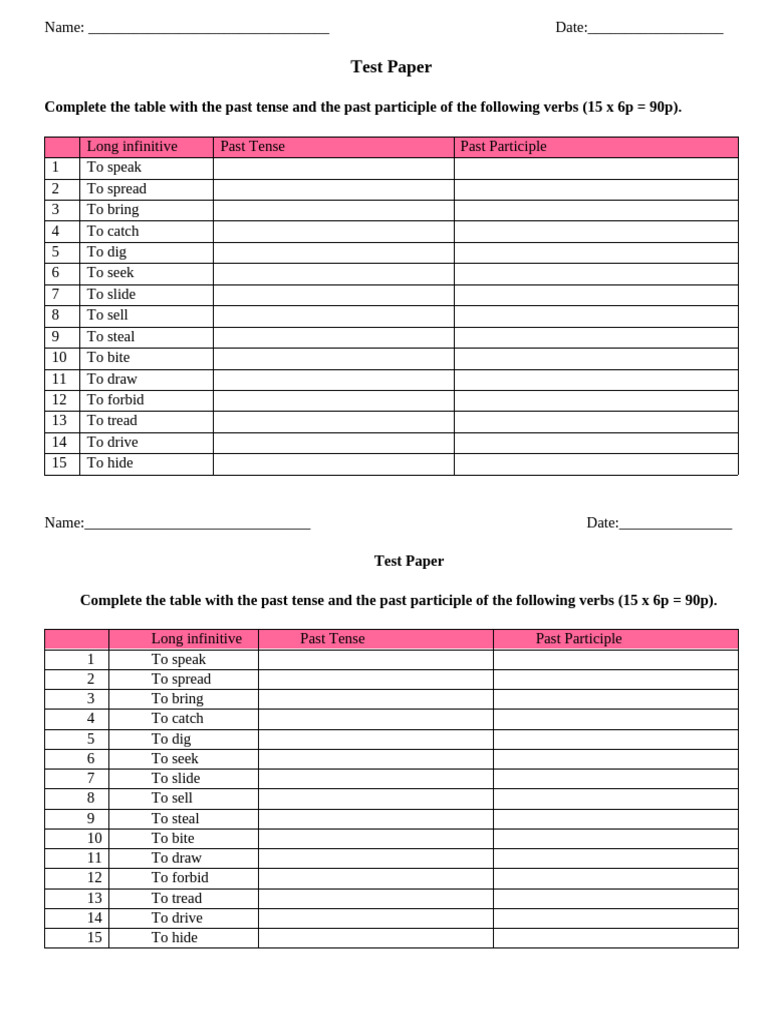 Verb Tense Test: Past & Participle | PDF