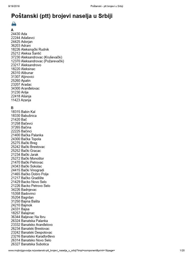 Poštanski - PTT Brojevi U Srbiji | PDF