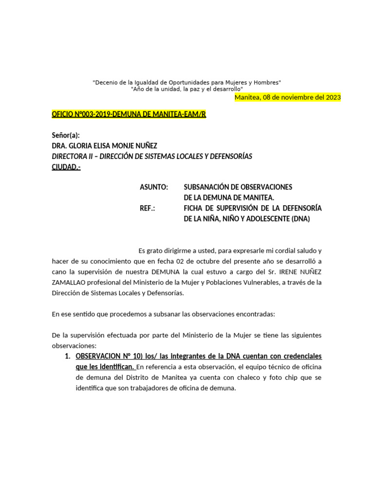 Carta de Subsanación DEMUNA Manitea | PDF