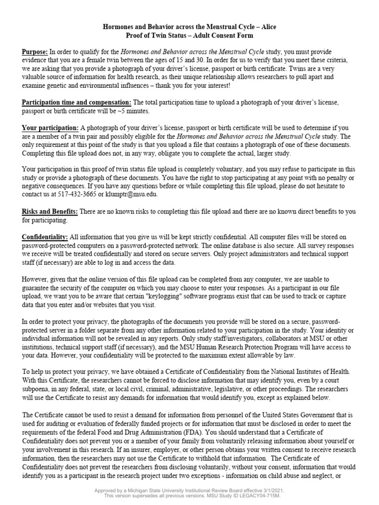 Alice Qualtrics Proof of Twin Status Adult Consent 2.25.21 | PDF ...