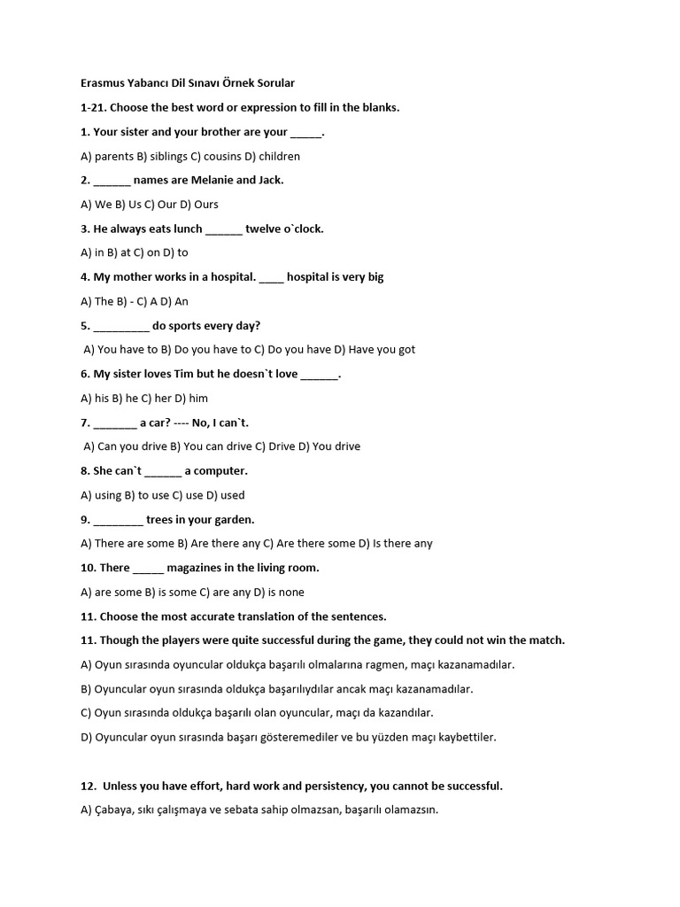 Erasmus Foreign Language Exam Sample Questions | PDF