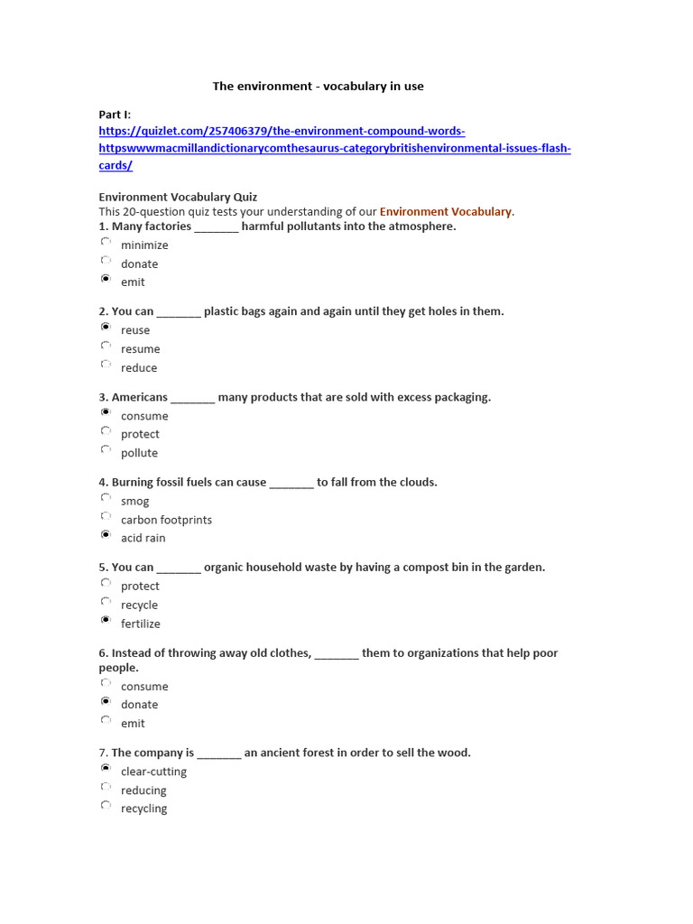 Environment Vocabulary Quiz & Exercises | PDF | Climate Change | Pollution