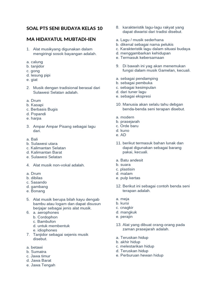Soal PTS Seni Budaya Kelas 10 | PDF