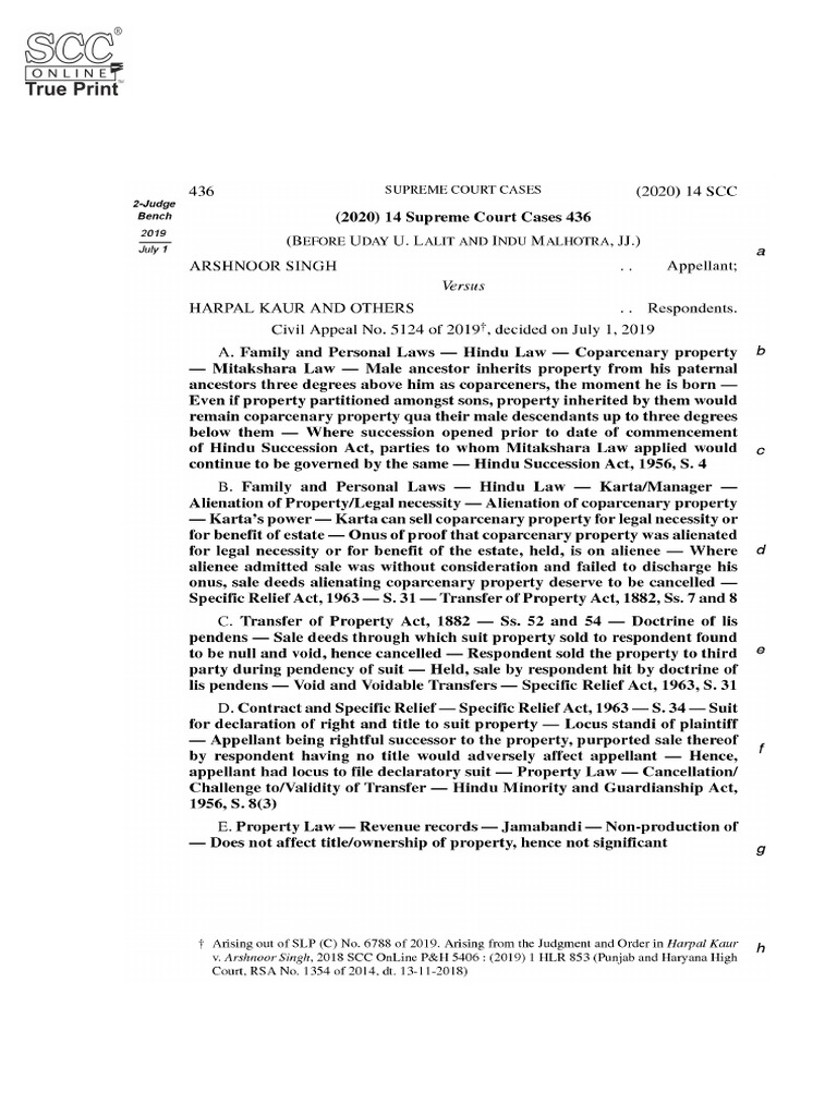 Arshnoor Singh v. Harpal Kaur, (2020) 14 SCC 437 | PDF | National ...
