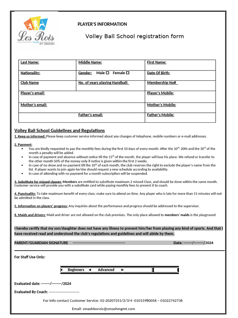 Volley Ball School Registration Form | PDF