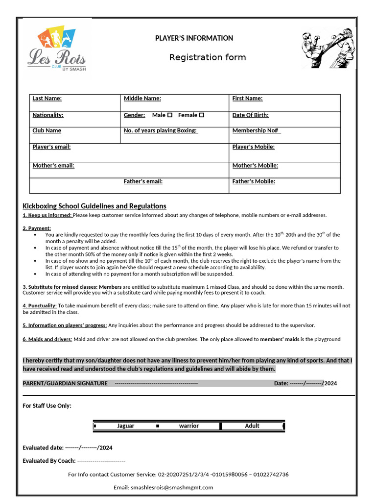 Kickboxing Registration Form Template | PDF