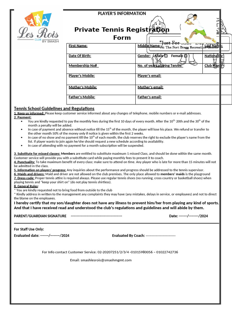 Private Tennis Registration Form | PDF