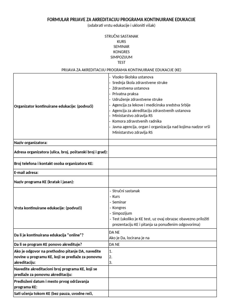 Formular Za Prijavu Programa Ke Kmszts | PDF