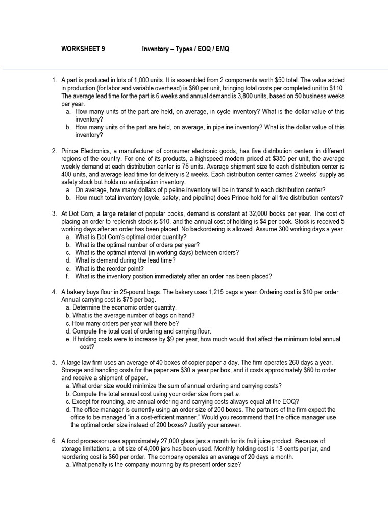 OM 24 WORKSHEET 9 - Inventory Models | PDF | Inventory | Business Economics
