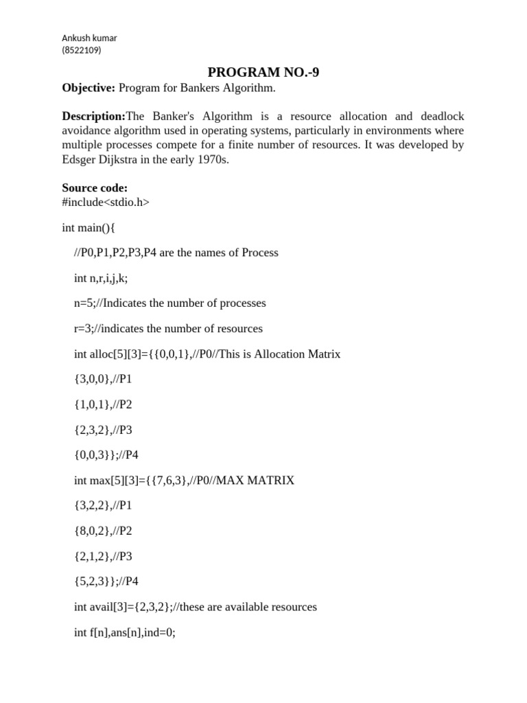 Banker's Algorithm Implementation | PDF