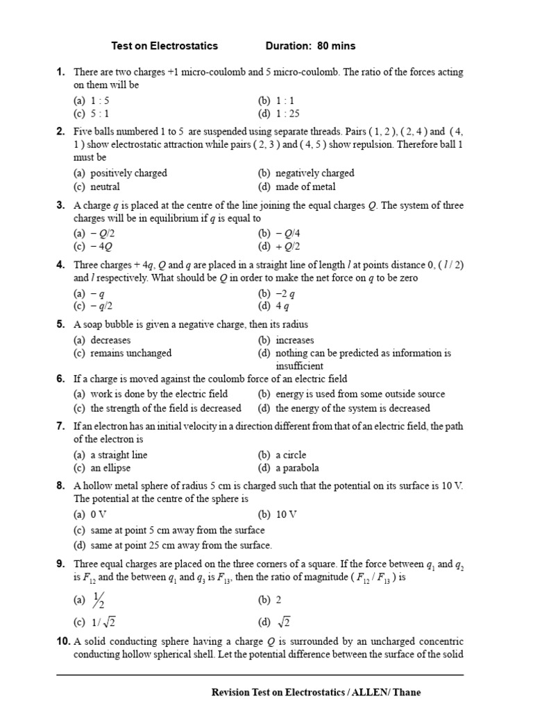 Revision Test - Electrostatics | PDF | Electrostatics | Electric Field
