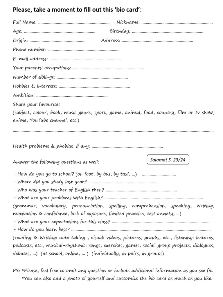 bio card | PDF | Learning | Human Communication