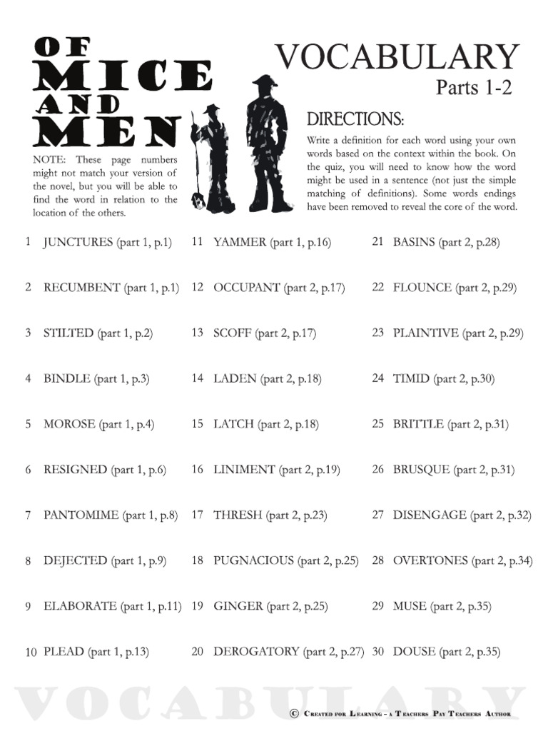Of Mice and Men Vocabulary List Quiz 1 | PDF