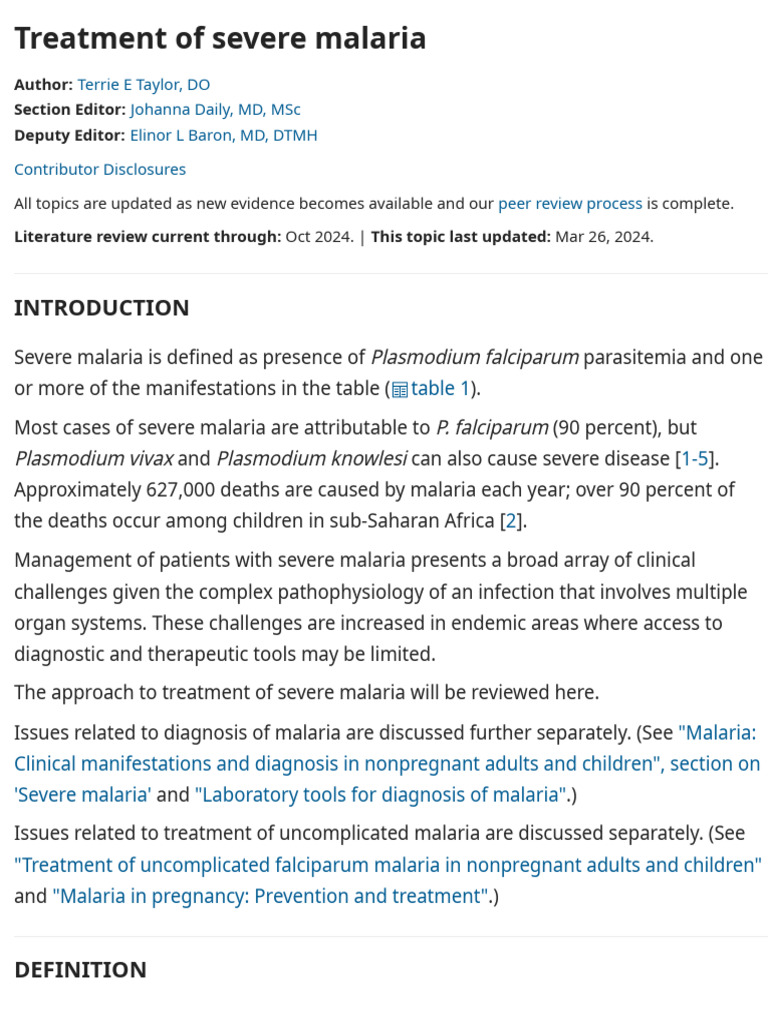 Severe Malaria Treatment | PDF | Malaria | Anemia