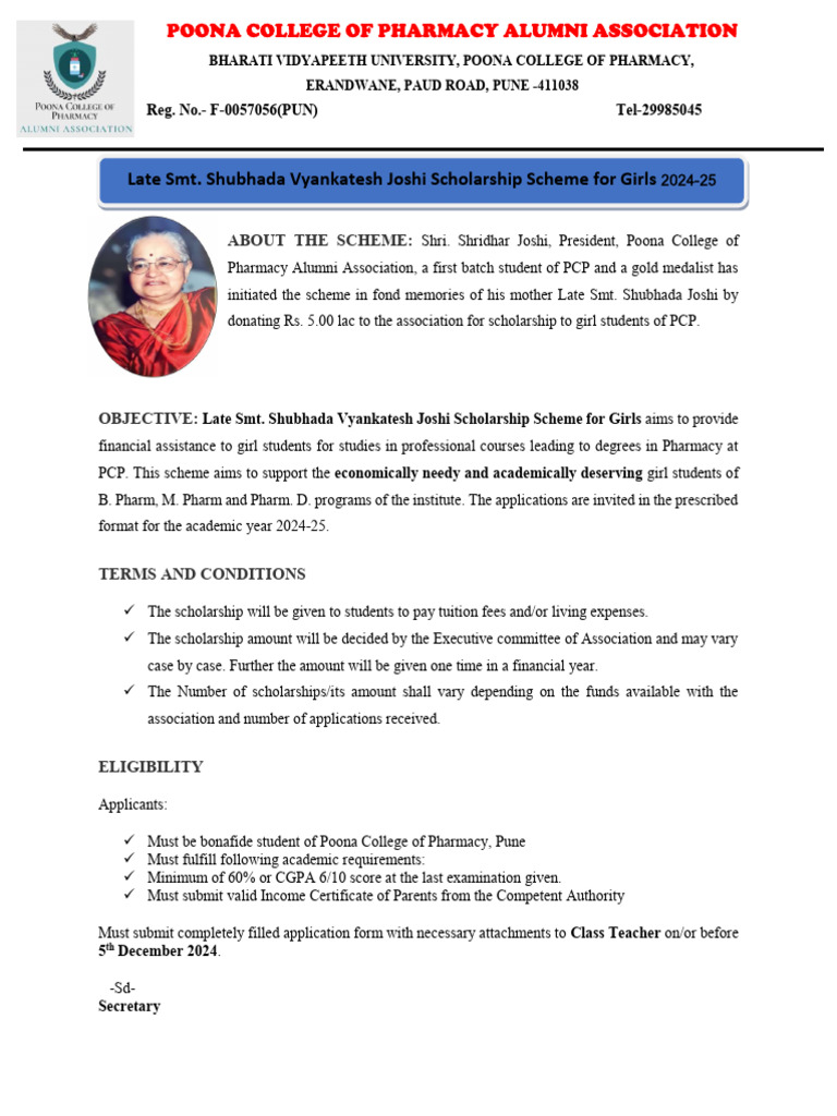 Shubhada Joshi ScholarshipScheme For Girls 24-25 | PDF