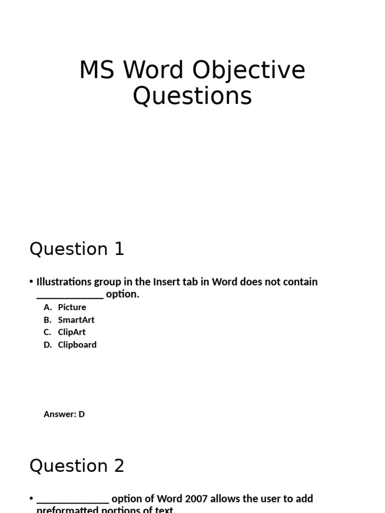 MS Word Objective Questions | PDF | Debits And Credits | Microsoft Word