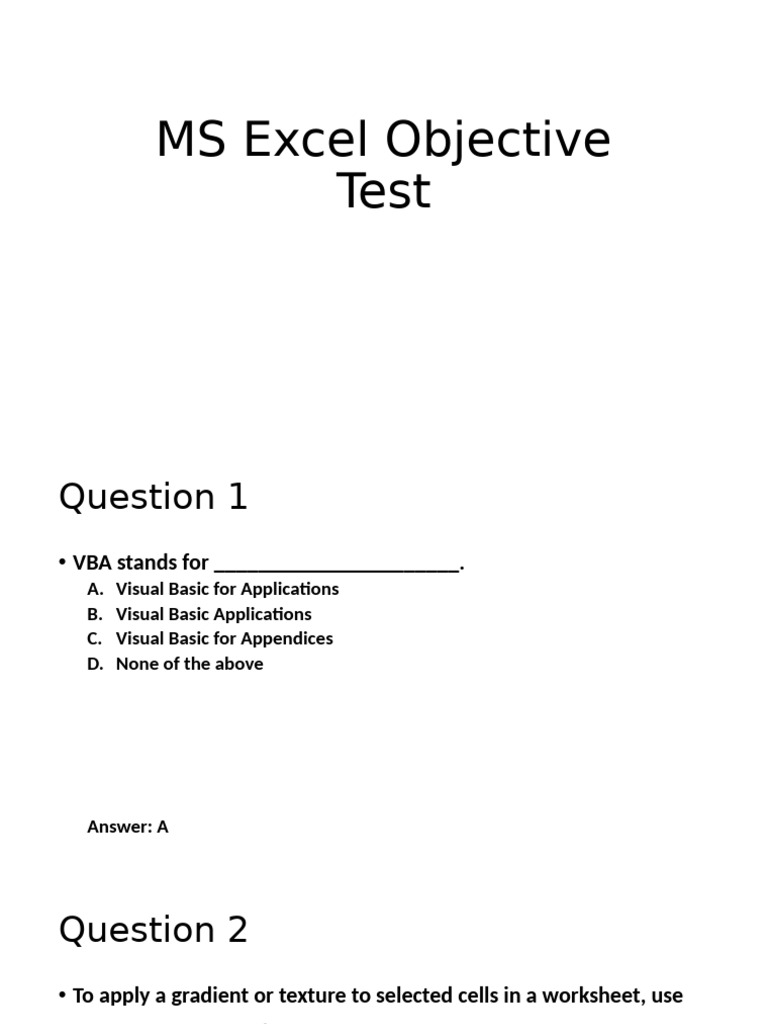 MS Excel Objective Test | PDF | Microsoft Excel | Spreadsheet