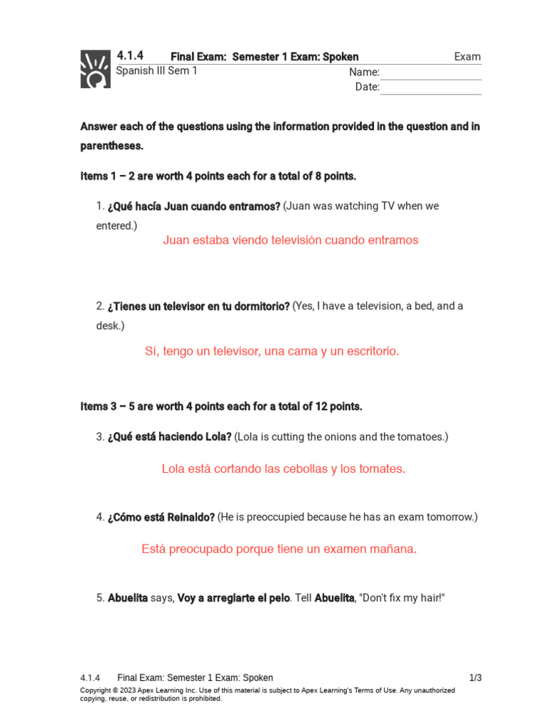 4.1.4 Final Exam - Semester 1 Exam - Spoken (Exam) | PDF