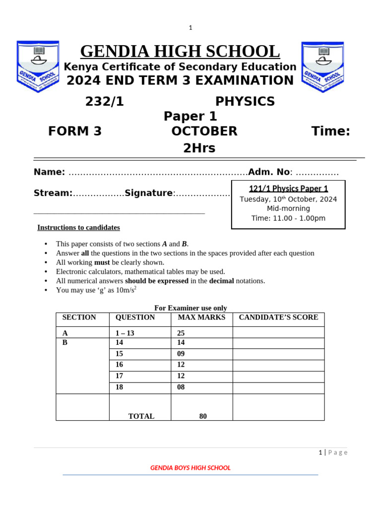 Physics Pp1 Form 3 End Year 2024 Exam | PDF | Pressure | Gases