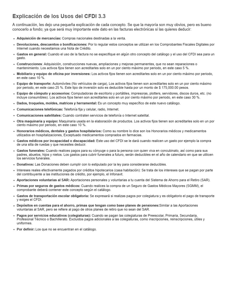 EXPLICACION DE USO CFDI | PDF