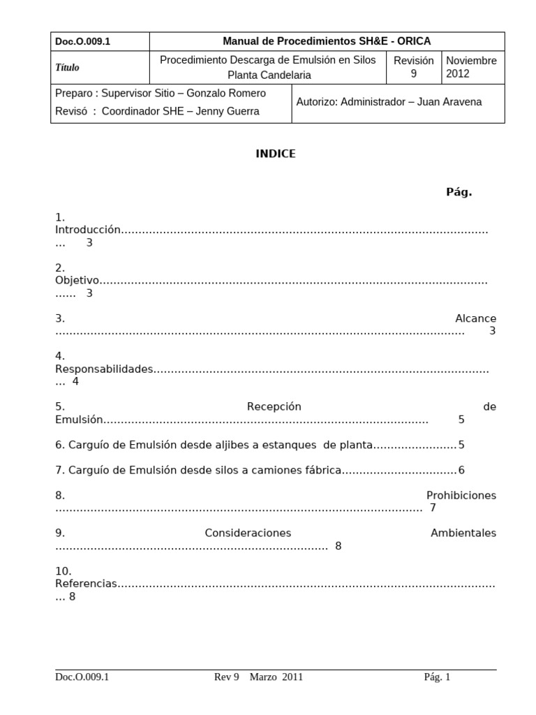 Doc.o.009.1 Proc. Descarga de Emulsión A Silos Desde Aljibes | PDF ...